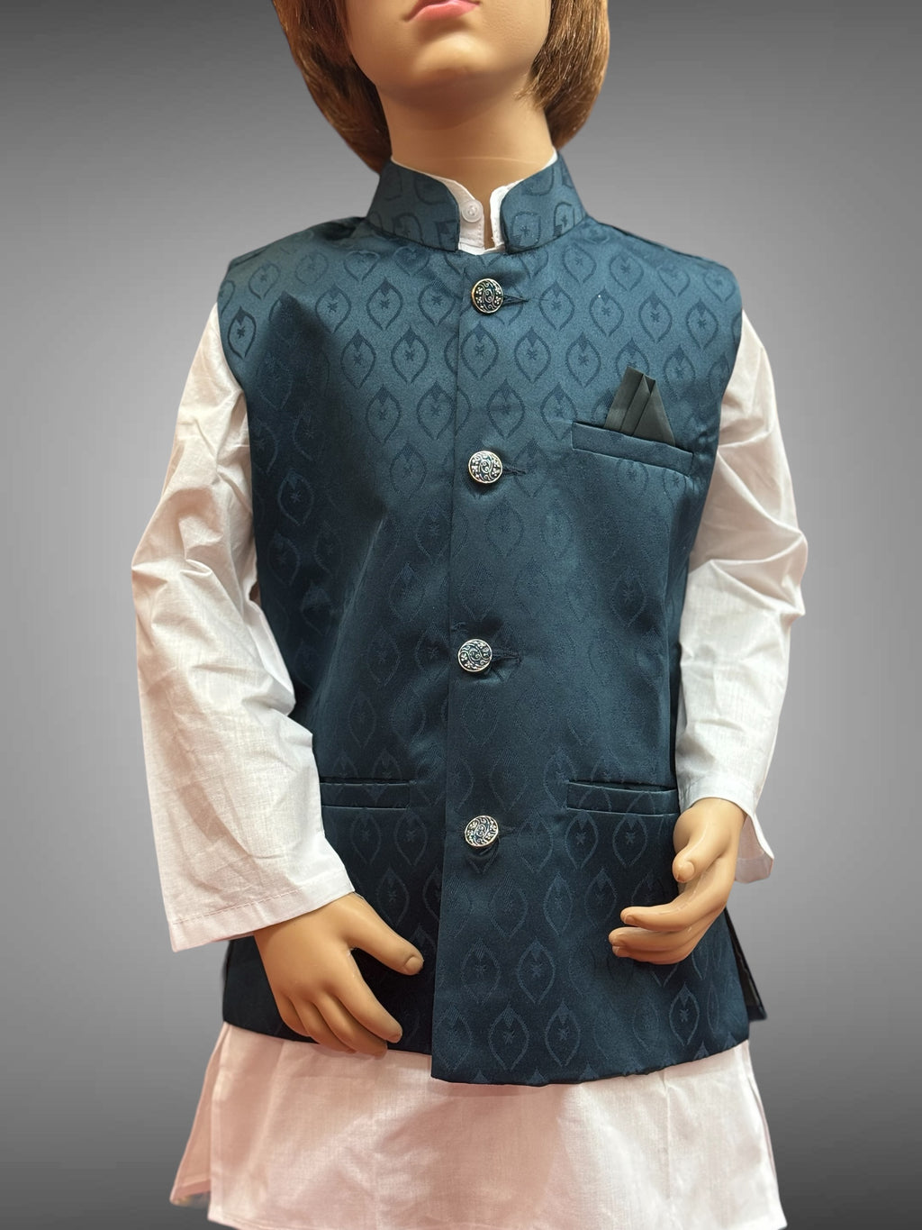 Silk Self Printed Prussian Blue Kids Vest – Heritage India Fashions